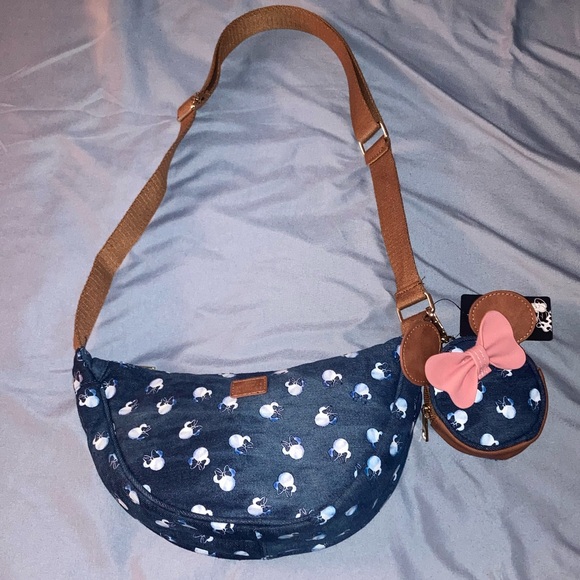 Disney | Bags | Disney Blue And Brown Bag With Pink Bow Minnie Coin Bag ...